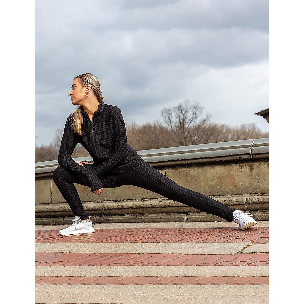 KANSOON Jogging Suits for Women, Textured 2 Piece Outfit Long Sleeve Full Zip Jacket Skinny Pants Tracksuit Set Black L