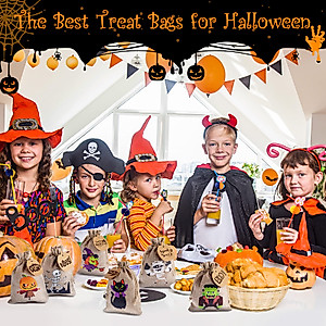 24 Pcs Halloween Burlap Treat Bags with Pumpkin Cards and Drawstring 7 x 5 Inch Halloween Linen Jute Bag Trick or Treat Burlap Candy Bag Halloween Candy Pouches for Halloween Party Favor (Funny Style)