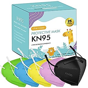 MOORAY Kids KN95 Face Mask 25 Pack,KN95 Mask for Kids 5 Layers Cup Dust Mask with Adjustable Ear Loop, Multicolored Disposable Face Masks Respirator Protection for Children