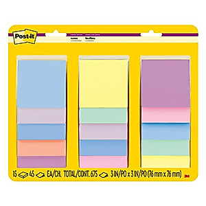 Post-it Super Sticky Notes, 3x3 in, Assorted Pastel Colors, 15 Pads, 2X The Sticking Power, Recyclable (654-15SSPS)