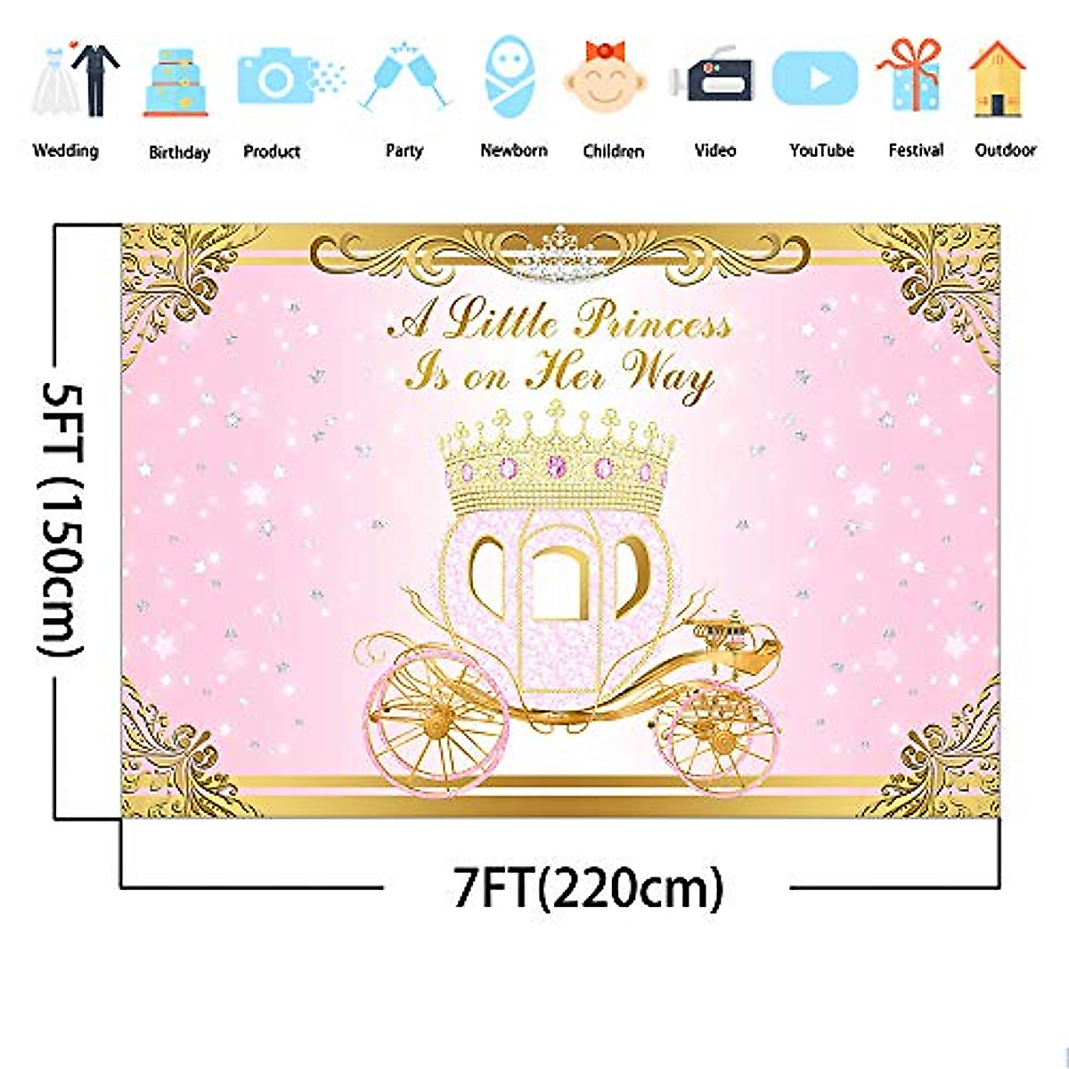 Mocsicka Little Princess Baby Shower Backdrop Pink Princess Carriage Gold Crown Baby Shower Background 7x5ft Silver Little Stars Girls Baby Shower Banner Decorations for Photobooth Props