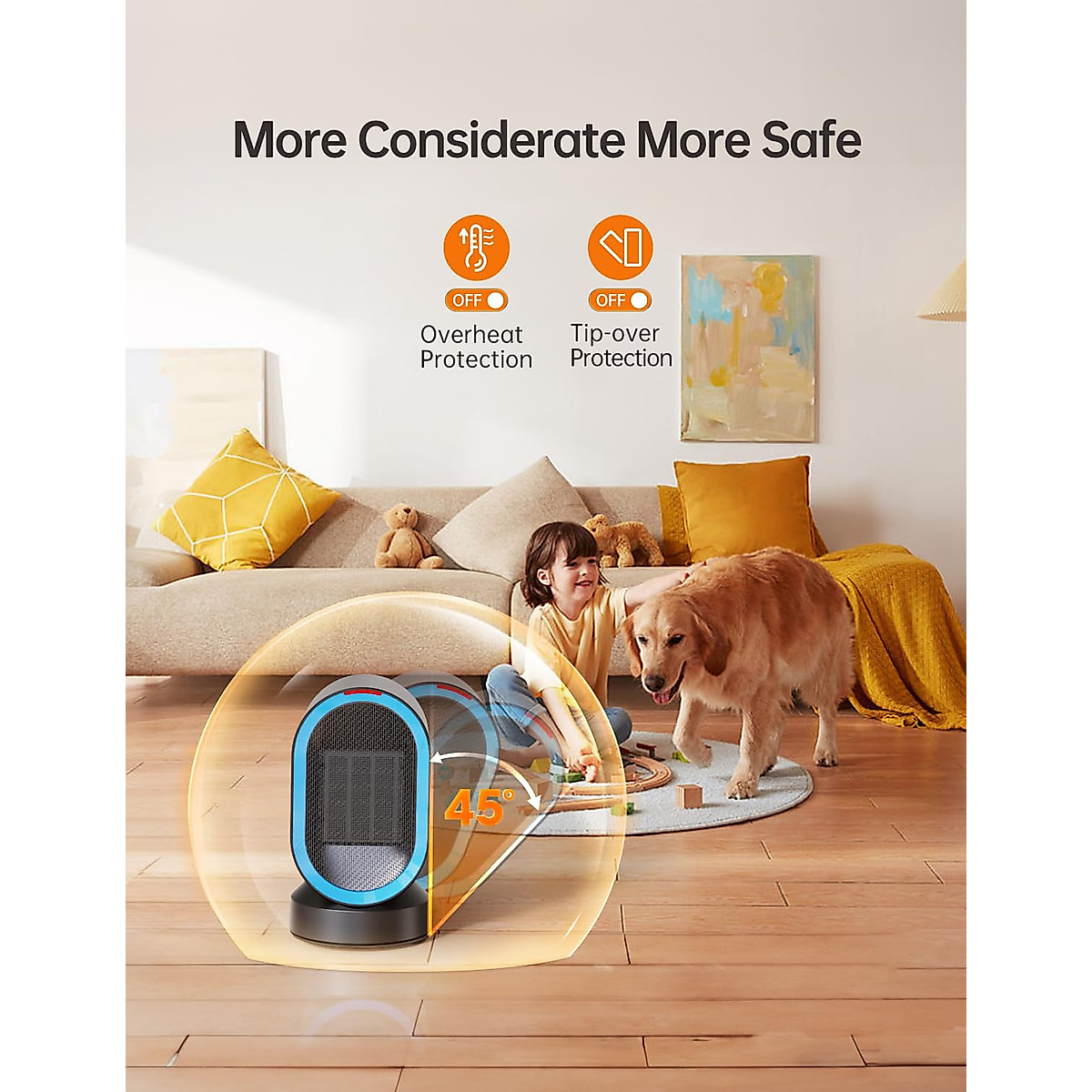 TABYIK Space Heater Indoor, Portable Heater 45° Oscillating Fast Electric Heater with 7 Safety Protections Small Space Heaters for Indoor Use Office Desk Home (Black)