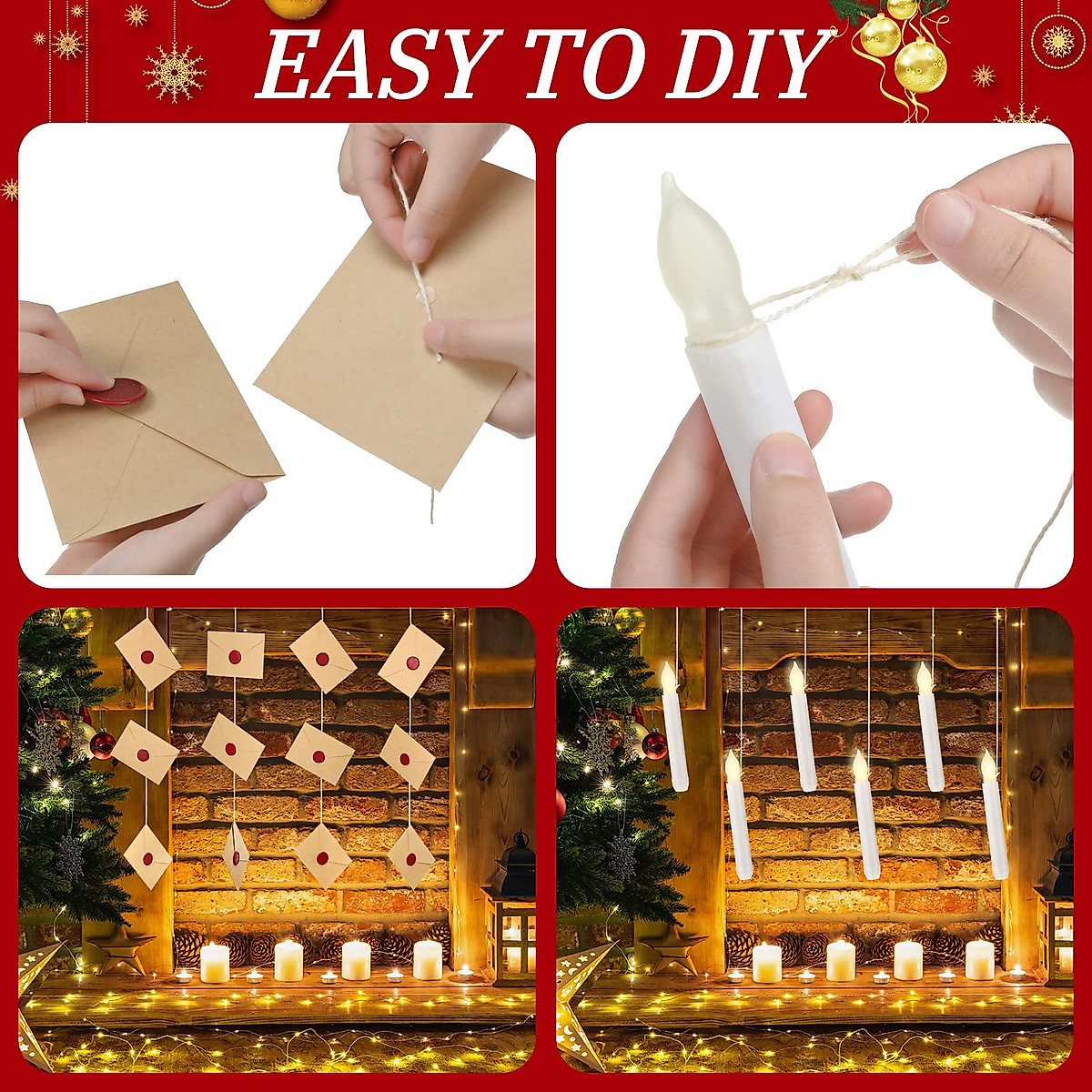 6 Pcs Christmas LED Floating Candles Flameless Candles with 20 Vintage Blank Envelopes Brown Invitation Envelopes with Wax Seal Stickers, Glue Point Dots and White Rope Roll for Christmas Themed Party