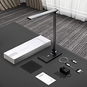 FOCASEY LED Desk Lamp with Wireless Charger,USB Charging Port,Eye-Caring Desk Lamps for Home Office,Touch Control Table Lamp with 25 Lighting Modes,Desk Light for Study,Reading,Office,Black
