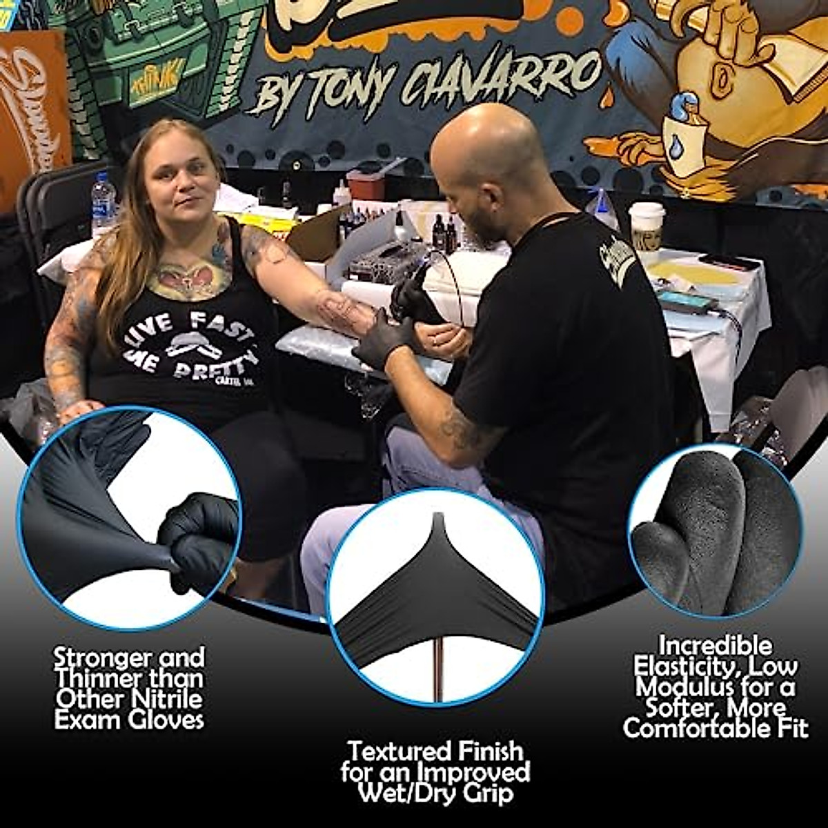 Blackwork Black Nitrile Exam Gloves - Extra Small, Pack of 100 - Latex- & Powder- Free, Disposable, Comfrtable & Durable for Extended Wear - Tattoo, PMU, Medical, & Dental Gloves