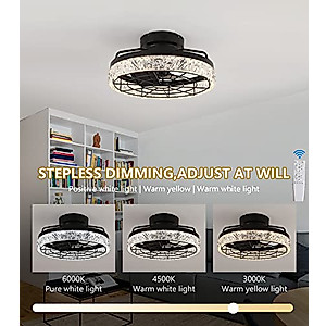 Q&S Modern Ceiling Fan with Lights,Low Profile Enclose Black Cage Semi Flush Mount Crystal Ceiling Fans with Remote 6 Speeds 3 Colors Dimmable LED Light Fixture for Bedroom Living Room Gym 18.9"