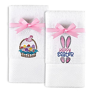 GreenPine 2 Pack Easter Hand Towels White Towels 100% Cotton Embroidered Premium Luxury Decor Bathroom Decorative Dish Towels Set for Drying, Cleaning, Cooking, Holiday Towels Gift Set 14 "X 29"