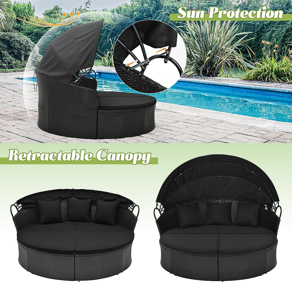 Tangkula Outdoor Patio Round Daybed with Retractable Canopy, Black Rattan Wicker Furniture Sectional Seating with Cushions and Throw Pillows, Seating Separates Cushioned Seats for Backyard (Black)