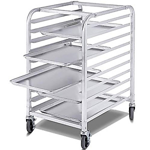 ReunionG 10 Tier Bun Pan Rack, Bakery Rack with 2 Lockable Wheels, 10 Sheet Aluminum Storage Cooling Trolley with Open Shelf, Dough Pizza Baking Mobile Rack for Home Commercial
