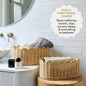 BEBE BASK Scalloped Basket Set Of 2 - Hand Woven Scallop Basket - 16 x 10 x 7 In - Scalloped Wicker Basket - Scalloped Edge Basket - Scalloped Storage Basket (Natural)