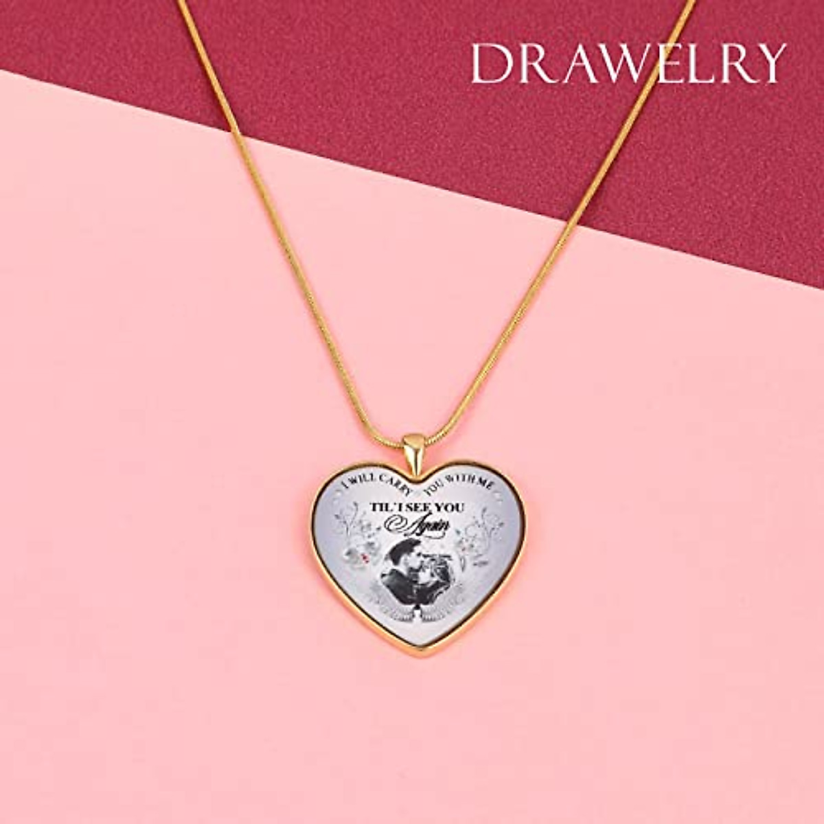 Drawelry Personalized Photo Memorial Necklace Customized Picture Pendant With Angel Wings Sterling Silver Snake Chain for Women Men Heart Memory Necklace Jewelry Gift for Anniversary Loving Memory