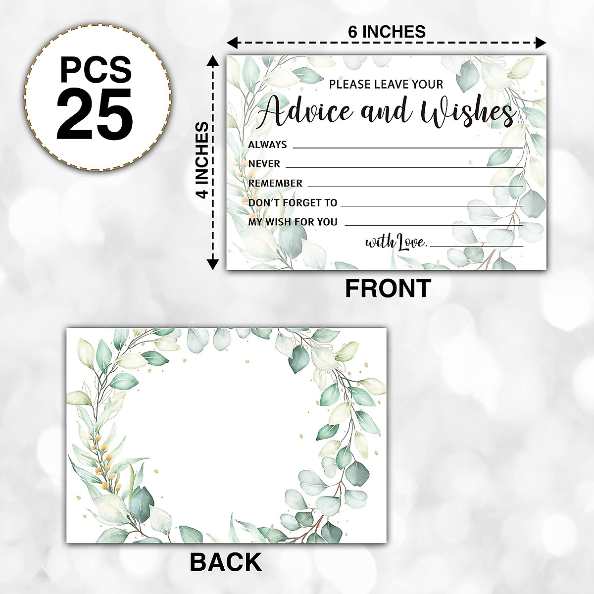 Levitatinyear Greenery Advice and Wishes Cards, 25 Pcs Eucalyptus Double Sided Advice Cards for The Bride and Groom, Mr and Mrs, Bride Shower, Wedding Reception, Engagement Party(02)
