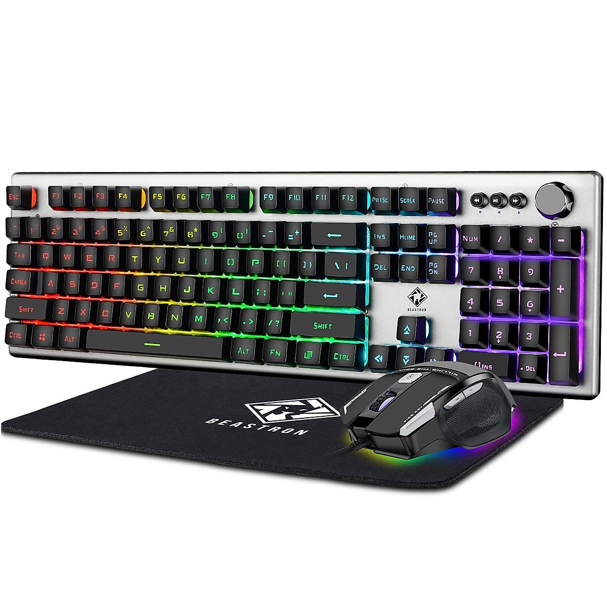 Beastron RGB Backlit Gaming Keyboard with Mouse Combo and Mouse pad, Multimedia Keyboard Knob,Mechanical Feel USB Wired Keyboard for Windows PC