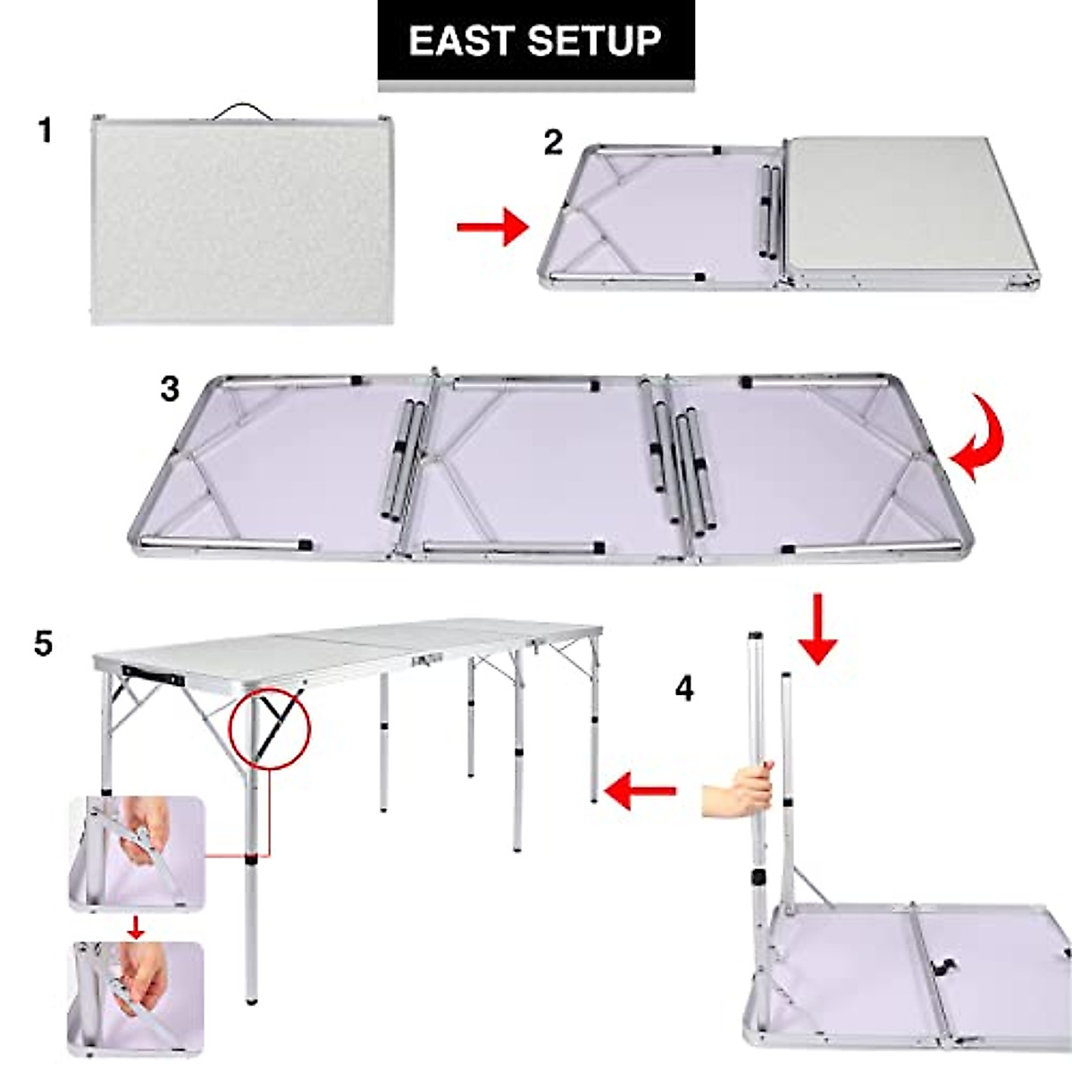 RedSwing 6 Foot Folding Camping Table, Aluminum Outdoor Tri-fold Table with Adjustable Heights Legs, 72x24 Inches, White