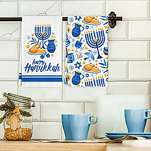 AnyDesign Happy Hanukkah Kitchen Towel 18 x 28 Inch Blue Watercolor Candlestick Dish Towel Jewish Festival Tea Towel Hand Drying Towel for Home Kitchen Cooking Baking, 2 Packs