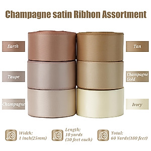 DINDOSAL Champagne Ribbon 1 Inch Satin Ribbon 6 Rolls Assortment Pale Gold Ribbon for Wedding Silk Antique Gold Ribbon for Wedding Ribbon for Gift Wrapping Hair Bows Crafts Bouquet - 60Yards