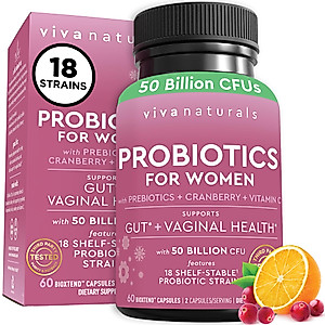 Viva Naturals Probiotics for Gut Health with Prebiotic Fiber, Cranberry & Vitamin C-50 Billion CFU Pre & Probiotics for Women Digestive Health, Vaginal Health from 18 Strains-Shelf-Stable 60 Capsules