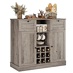 HOSTACK Buffet Sideboard Cabinet, Wine Bar Cabinet with Drawers and Removable Wine Rack, Coffee Bar Storage Cabinet with Shelves for Kitchen, Dining Room, Living Room, Ash Grey