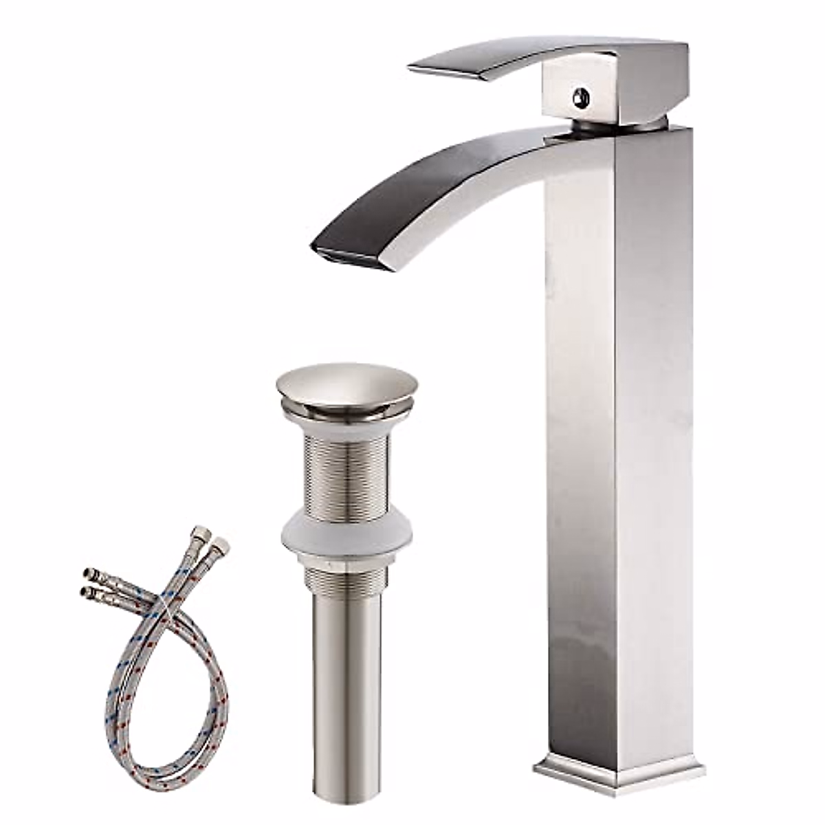 Greenspring Vessel Sink Faucet Brushed Nickel Tall Body Waterfall Spout Single Hole Single Handle Modern Commercial Bathroom Faucet with Pop Up Drain Without Overflow Supply Line Lead-Free