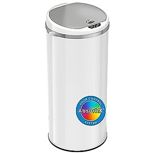 iTouchless 13 Gallon Touchless Sensor Trash Can with Odor Filter System, Round White Steel Garbage Bin, for Home, Kitchen, Pale White 13 Gal
