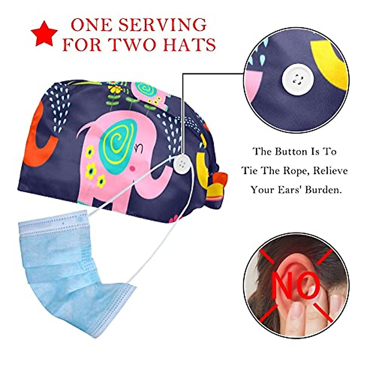 2 PCS Working Cap with Buttons and Sweatband Unisex Adjustable Tie Back Hats Bouffant Caps Cute Cartoon Boho Elephant Water Spray Sunflower Scrub Hat Turban Cap