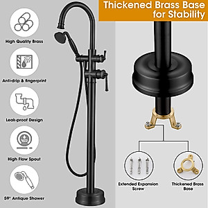 Freestanding Tub Faucet, Floor Mount Tub Faucet Matte Black High Flow Tub Filler, Roman Tub Faucet with Antique Handheld, Swivel Gooseneck Spout Shower Mixer Taps (B2311-BK)