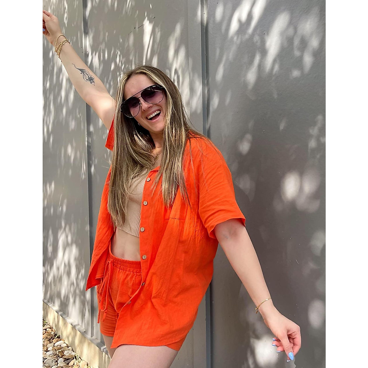 QIBABU Women's Linen Shorts Sets 2 Piece Summer Short Sleeve Top and Shorts Sweatsuit Set Vacation Beach Outfits(1521-Orange-L-QB)