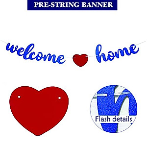 Welcome Home Banner Sign Party Decoration Blue Glitter Pre-Strung Banner for Military Army Homecoming Party Decorations, Family Theme Party Supplies