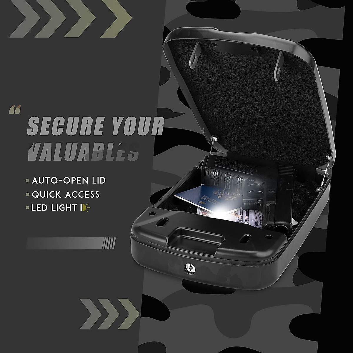 WINCENT Portable Gun Safe Quick Access Gun Safes for Pistols - Biometric Pistol Secure Safe Lock Box with Auto Open Lid & Fingerprints & Key for Car Travel Home - Black Camo