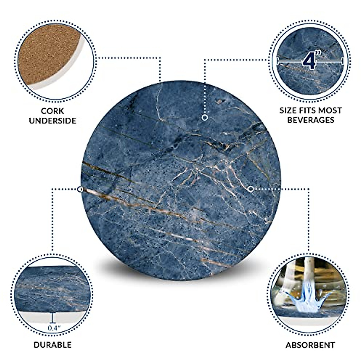 Emerson 100% Ceramic Coasters for Drinks Absorbent – Coffee Table Set of 6 with Holder, Wooden Tabletop Protection Marble Style - 4” Inch Non-Slip & Cork Bottom - Heavy Duty Drink Coasters (Ocean)