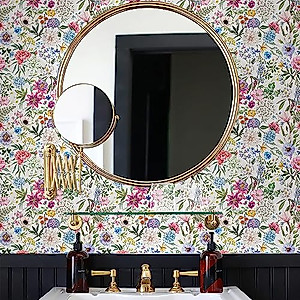 MuralPeel Boho Pink/White Colorful Flowers Floral Botanical Plants Peel and Stick Wallpaper Easy Peel Off Vintage Self Adhesive Removable Wall Paper for Kitchen Cabinet Furniture Renter Friendly