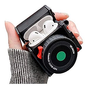 UnnFiko Camera Airpods Case, Retro 3D Cartoon Soft Silicone Protective Cool Airpods 1 & 2 Charging Cover with Keychain (Camera Black, Airpods 1 & 2)
