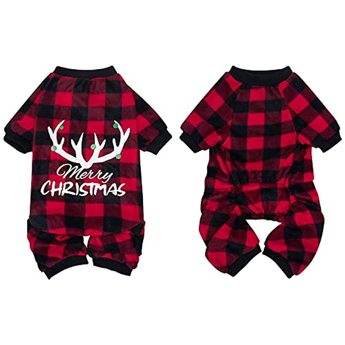 ASENKU Thermal Fleece Dog Christmas Pajamas, Red Black Plaid Doggie Onesies Puppy Xmas Jumpsuits for Small Breeds Dogs (Red, M