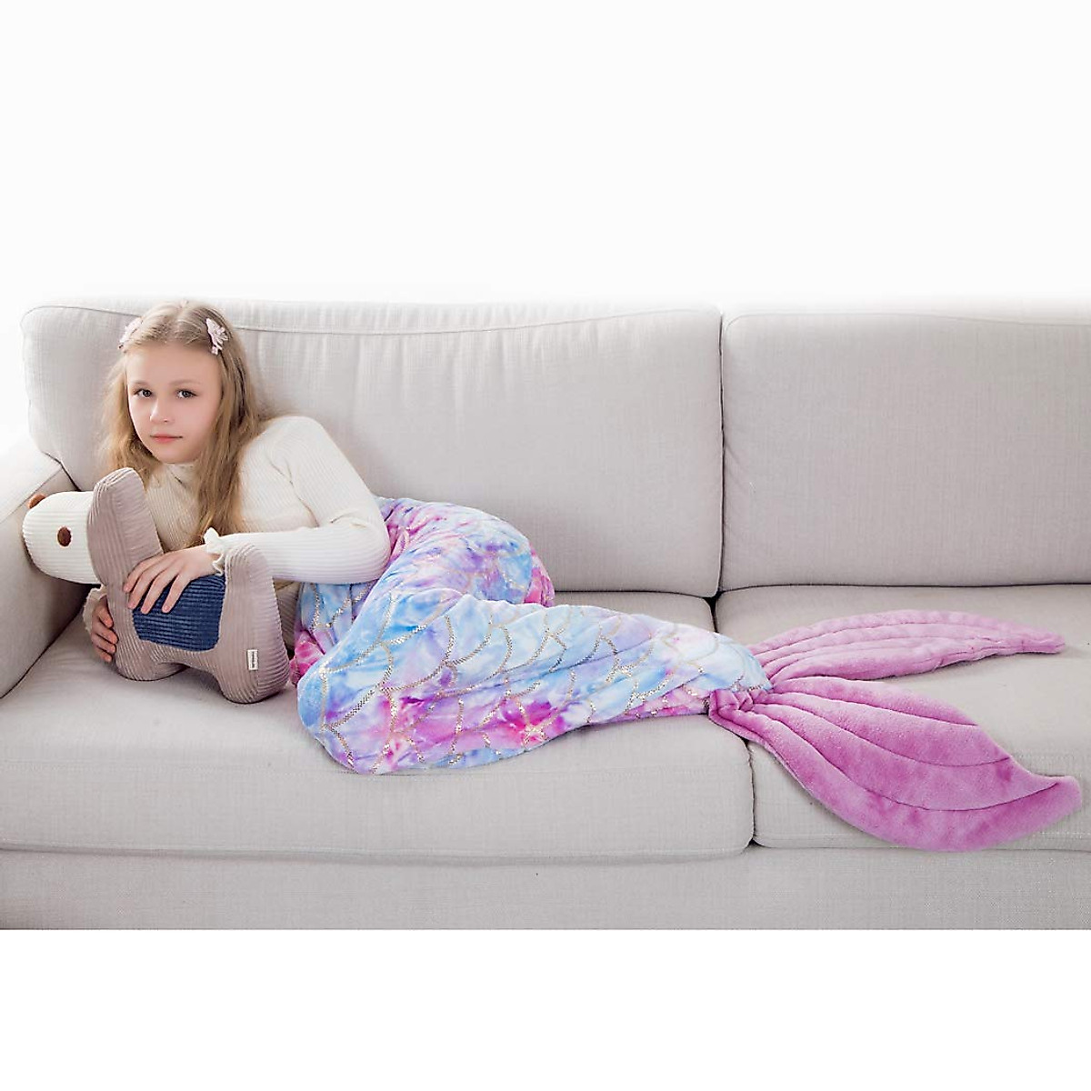 COSUSKET Mermaid Tail Blanket, Mermaid Blanket for Girls, All Seasons Soft Premium Colorful Fish Scale Design Snuggle Blanket