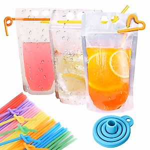125Pcs Drink Pouches for Adults with Individual Package Straws Reclosable Zipper Smoothie Bags Juice Pouches Heavy Duty Hand-held Cold & Hot Drinks，BPA & Phthalate Free - Funnel Included