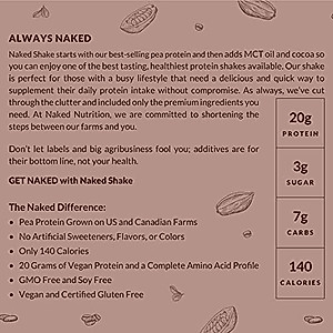 Naked Shake - Chocolate Protein Powder - Plant Based Protein Shake from US & Canadian Farms with MCT Oil, Gluten-Free, Soy-Free, No GMOs or Artificial Sweeteners - 30 Servings
