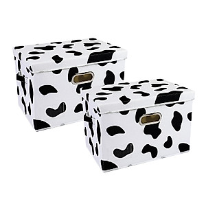 ANMINY 2PCS Large Storage Bins Cow Print Foldable Cotton Linen Lidded Box Basket Cubes Set with Removable Lids PP Plastic Board Handles Label Window Home Closet Shelf Clothes Toys Organizer Containers