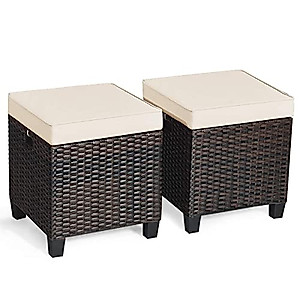 Tangkula 2 Pieces Outdoor Patio Ottoman, All Weather Rattan Wicker Ottoman Seat, Patio Rattan Furniture, Outdoor Footstool Footrest Seat w/Removable Cushions (Cream)