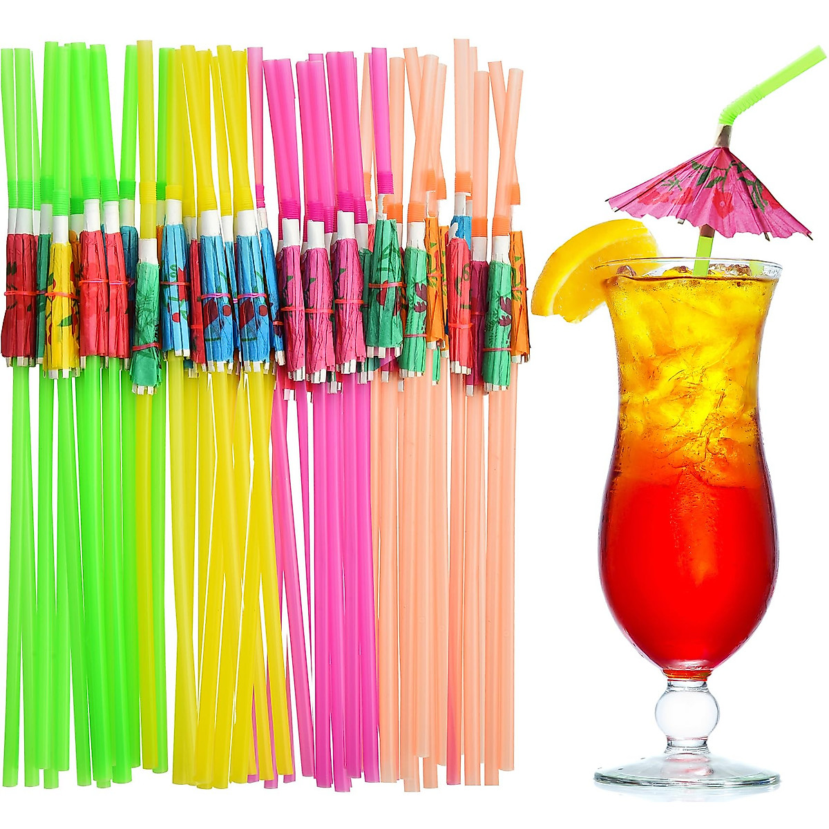 ALINK 100 Pcs Umbrella Drink Straws, Plastic Fancy Cocktail Straws, Tropical Luau Party Straws for Hawaiian/Birthday/Pool Party Decorations