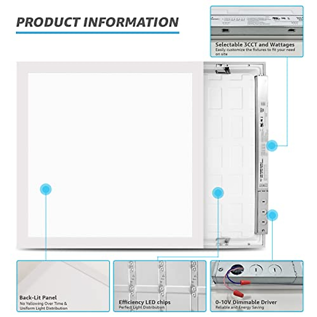 Art3d 2x2FT LED Flat Panel Light, Selectable CCT 3000/4000/5000K, 0-10V Dim 5500LM Flush Mount Ceiling Light, UL&ETL Listed, 1 Pack