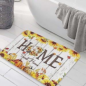 JAWO Fall Bathroom Rugs, Pumpkin Sunflower Decorate Autumn Thanksgiving Bath Mat, Seasonal Country Floor Door Mat Non Slip Memory Foam Home Decor 17 x 29 Inch