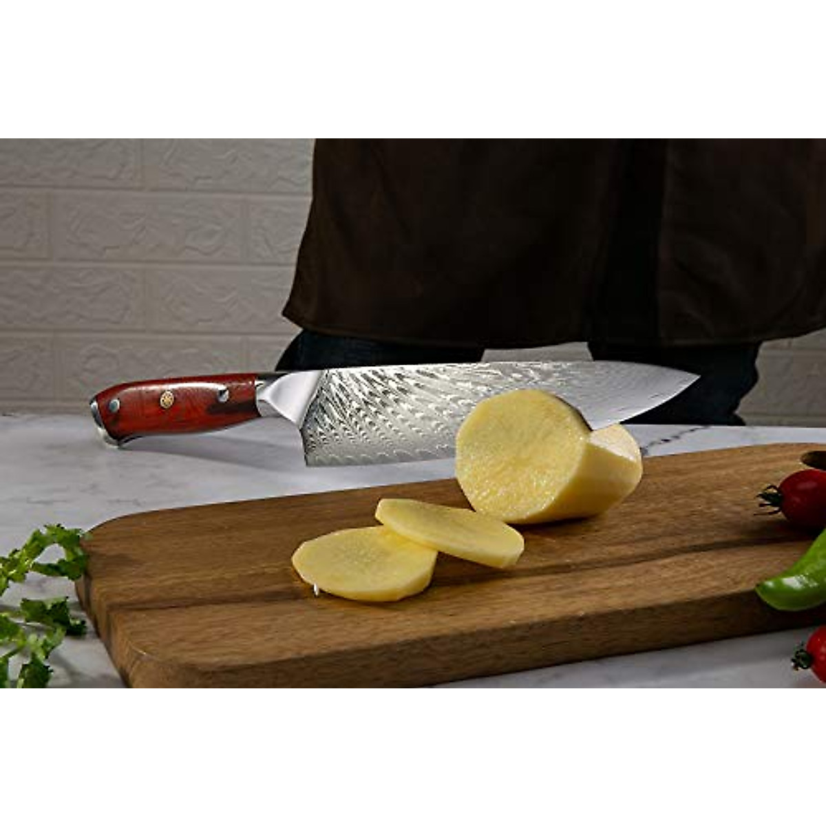 FANTECK Chef Knife 8 Inch Professional Damascus Chef Knife High Carbon 67 Layers VG-10 Damascus Knife Stainless Steel Ultra Sharp Blade Kitchen Meat Cutting Knife [Gift Box]-Ergonomic Rose Wood Handle