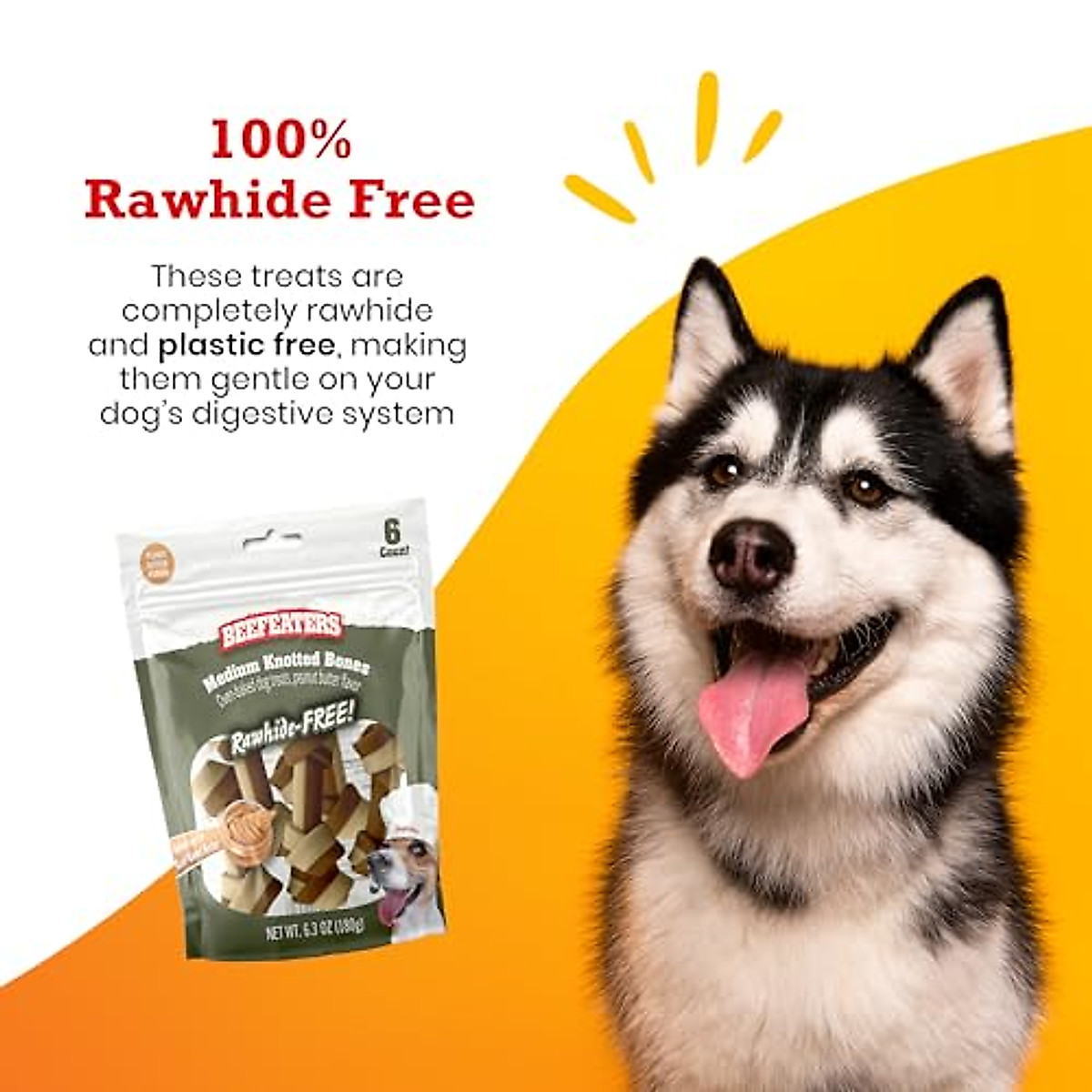 Beefeaters Dog Treats - Medium Knotted Bone Peanut Butter Flavor 6ct | Rawhide Free Dog Food | Real Chicken No Artificial Flavor | Digestion-Friendly, Cleans Teeth | Training Treat for All Dog Sizes