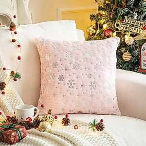 AQOTHES Soft Faux Fur Fuzzy Cute Decorative Throw Pillows Covers with Snowflake Glitter Printed Pillowcases for Christmas Decor Home Bed Room Sofa Chair Couch, Bright Pink 18x18 inch, Pack of 2