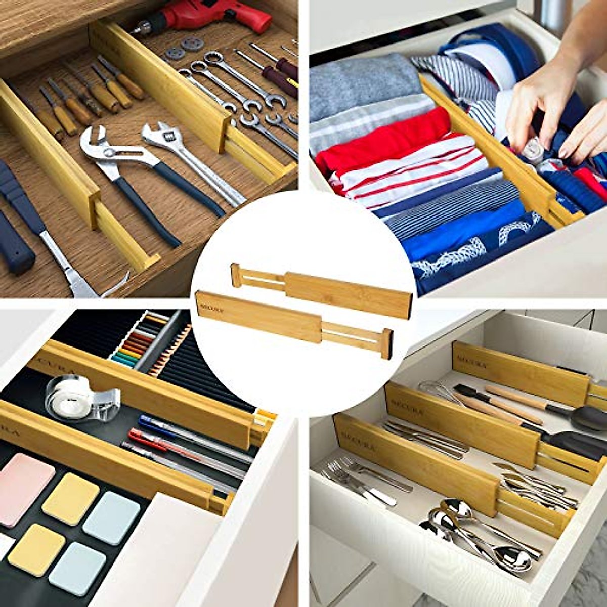 Secura 𝗕𝗮𝗺𝗯𝗼𝗼 𝗗𝗿𝗮𝘄𝗲𝗿 𝗗𝗶𝘃𝗶𝗱𝗲𝗿𝘀 𝗢𝗿𝗴𝗮𝗻𝗶𝘇𝗲𝗿 4-Pack, 𝗔𝗱𝗷𝘂𝘀𝘁𝗮𝗯𝗹𝗲 Drawer Separators Expandable from 12.0-17.1 inches for Kitchen, Office, Bathroom, Closet, Dresser