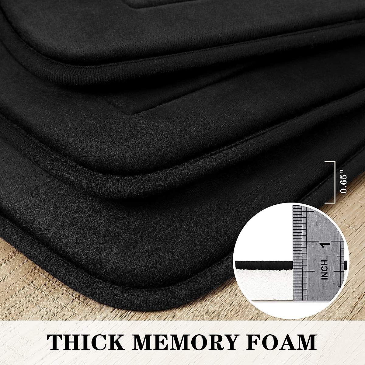 BYSURE Black Memory Foam Bath Mat, Non Slip Extra Soft Absorbent Machine Washable, Bathroom Rugs Sets 3 Piece for Toilet Shower Sink