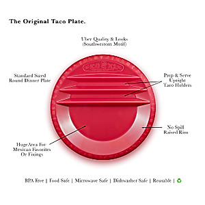 Taco Mex Taco Plate, Reusable, Round, Preparation and Serving Plate, for Soft and Hard Shell Tacos, 10.75 inch Plastic, Uber Look and Quality, Microwave Safe, 4 Pack Set, Red