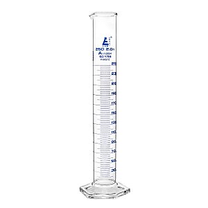 EISCO Graduated Cylinder, 250ml - Class A Tolerance ±1.00ml - Hexagonal Base - Blue Graduations - Borosilicate 3.3 Glass