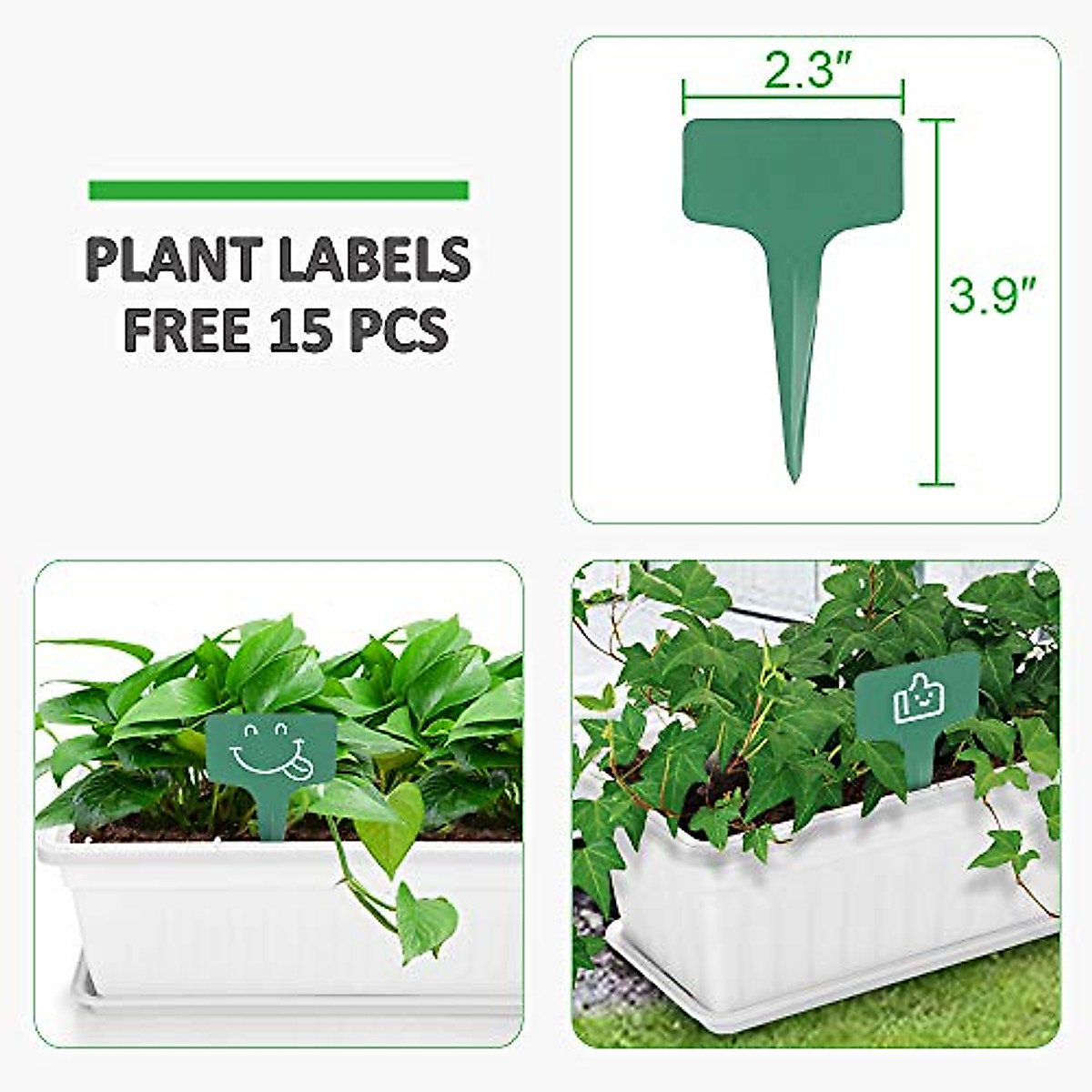 GROWNEER 3 Packs 17 Inches White Flower Window Box Plastic Vegetable Planters with 15 Pcs Plant Labels, for Windowsill, Patio, Garden, Home Décor, Porch