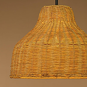 ALOADECOR 75" 1-Light Matte Black Arc Floor Lamp with Brown Rattan Shade and Marble Base Farmhouse Rattan Floor Lamp for Living Room Dining Room Bedroom